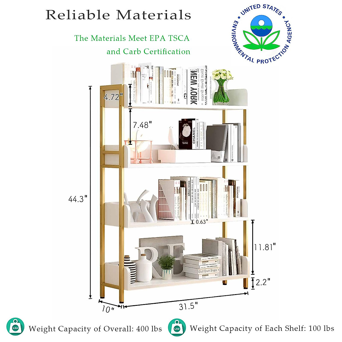 OSCHF Wide Open Shelf Bookcase - Modern 4-Tier Floor Standing Display Bookshelf with Three-Side Baffles for Home and Office, Storage Shelving in Warm White with Gold Frame