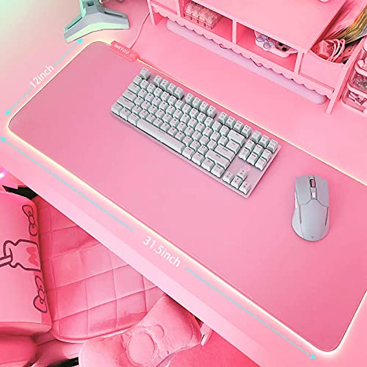 JMIYAV Pink RGB Gaming Mouse Pad 31.5x12 Inch PC XL Large Extended Glowing Led Light Up Desk Pad Non-Slip Rubber Base Computer Mouse Pad Cute Mousepad Mat 31.5x12 Inch Upgrade