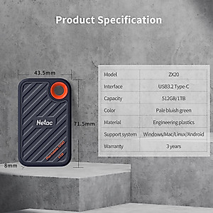 Netac 1TB Extreme Portable NVMe SSD Up to 2000MB/s Read 1700MB/s Write Speed USB 3.2 Gen.2 Business Travel Drive Essential External Solid State Drives Supports Win to Go, ZX20