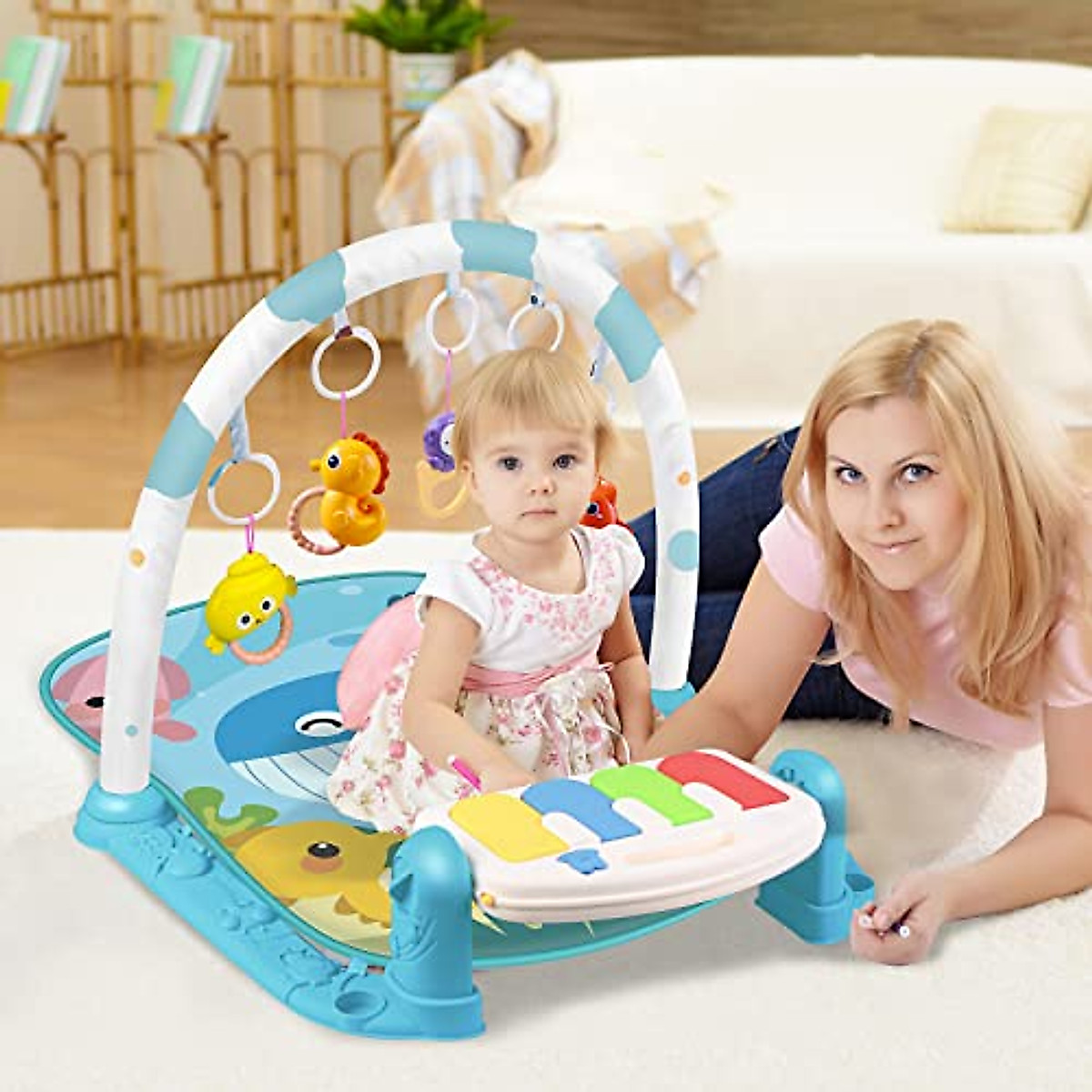 Nutsball Baby Gym Play Mat, Kick and Play Piano Gym Mat with Music and Lights, Tummy Time Musical Activity Center for Infants Toddlers (Ocean World Blue)