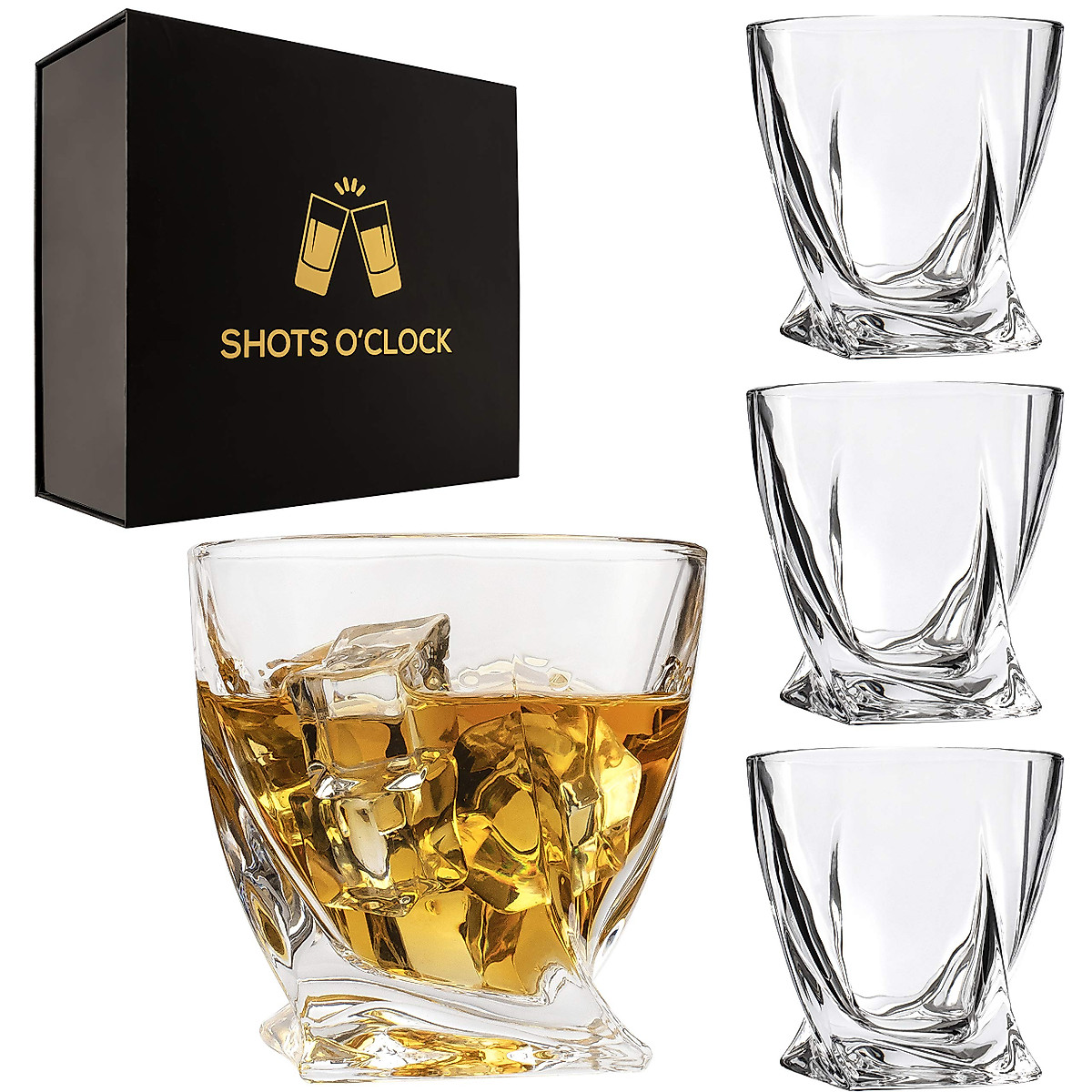 LEMONSODA Premium Twisted Glasses- Elegant Whiskey Glasses for Scotch, Single Malt - Old Fashioned Glass Set in Gift Box - Rocks Whiskey Tumblers for Cocktails - (Set of 4)