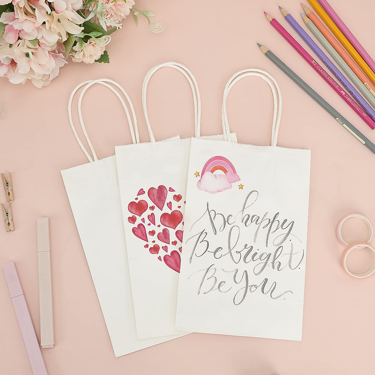 Moretoes 125pcs White Paper Bags with Handles 5.2x3.8x8 Inch, Kraft Small Gift Bags Bulk, Retail Bags, Shopping, Birthday Wedding Party Favor Bags, Merchandise Bags