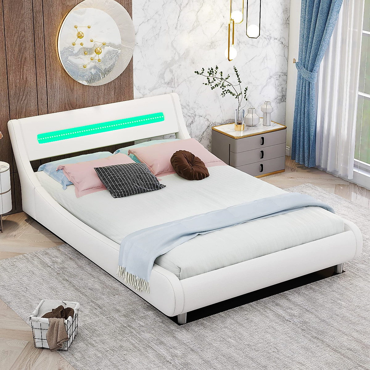Low Profile Upholstered Platform Bed with LED Lights Headboard, Hydraulic Lifting Under Bed Storage, Modern Curved PU upholstered Low Profile Platform Bed Frame for Kids Teens Adults (White, Full)