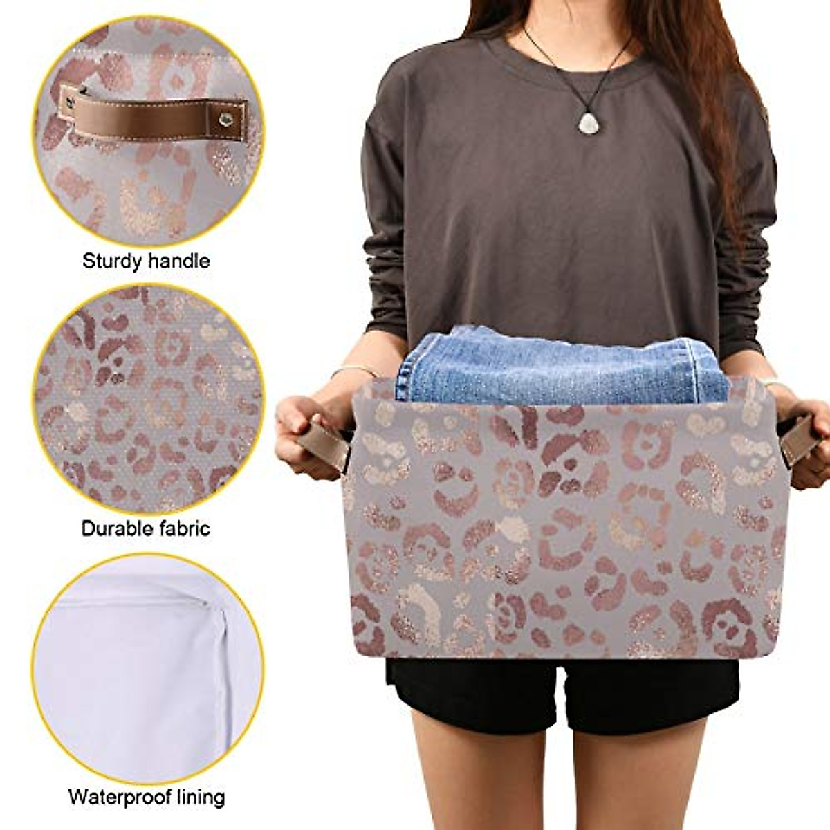 Mazeann Rose Gold Leopard Print Storage Basket Bin Collapsible Foldable for Clothes Toys Storage Cabinets Waterproof Storage Box 15 x 11 x 9.5 inches, 2PCS