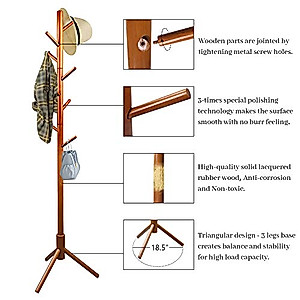 DADILL Wooden Tree Coat Rack with 3 Adjustable Sizes, 8 Hooks, Easy Assembly Free Standing Solid Coat Hanger Stand for Clothes, Garment, Hats, Umbrellas, Scarves in Hallway, Entryway, Dark Walnut