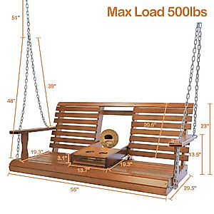 Vilobos Wooden Porch Swing with Folding Cup Holders 2-Seater, Patio Swing Bench for Outdoor Heavy Duty Chains, 500 lbs Weight Capacity Hanging Swing for Garden, Backyard, Front Porch, Balcony, Brown