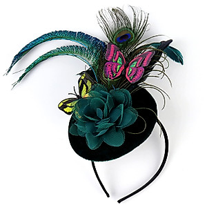 Coucoland Fascinators Hat for Women Pillbox Tea Party Hat Derby Butterfly Feather Cocktail Fascinator Headband (Dark Green)
