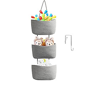 TeoKJ Over the Door Organizer, 3-Tier Woven Cotton Hanging Kitchen Baskets Storage Organizer Bag with Hooks Wall-Mounted Decorative Rope Baskets - Gray