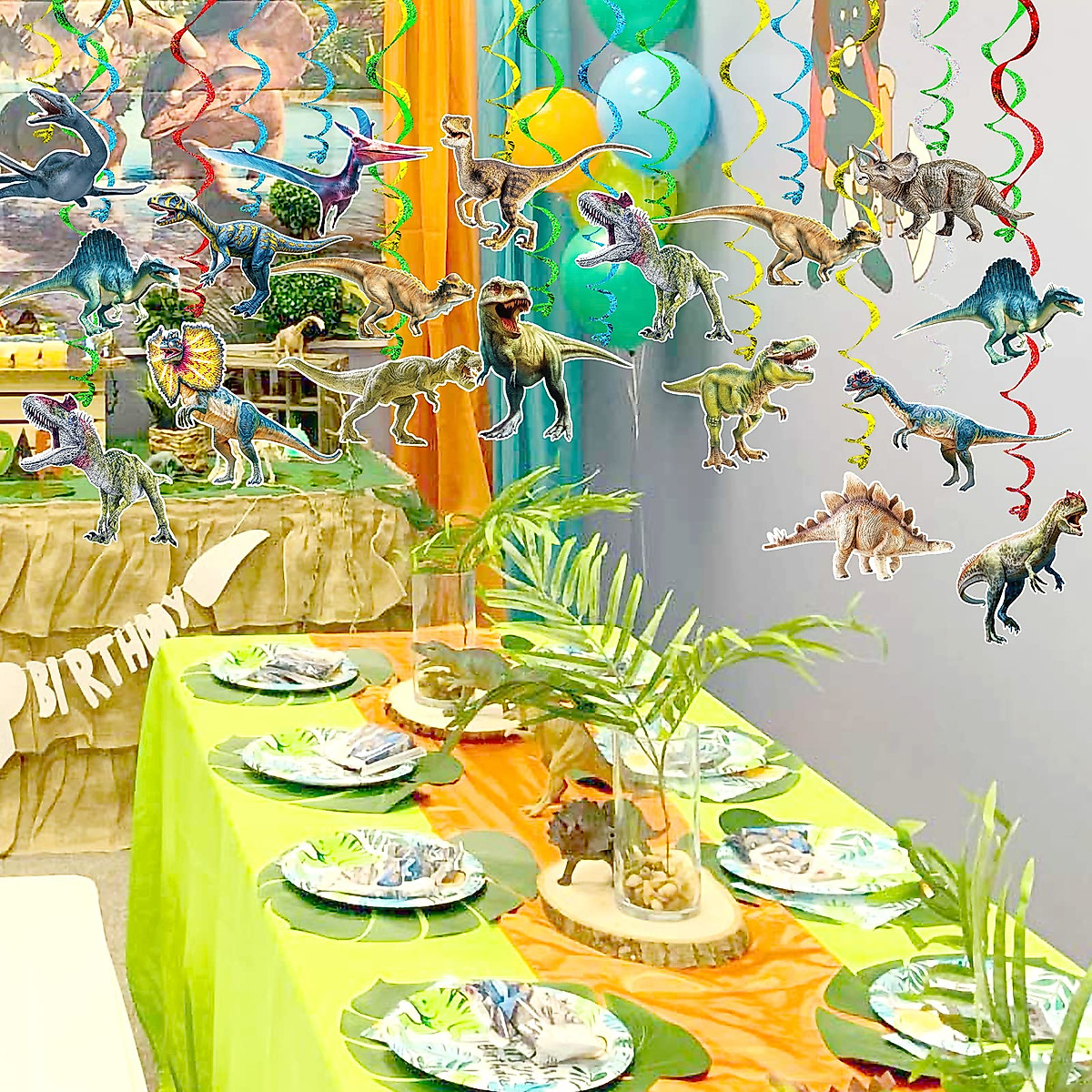 Cool 3D Dinosaur Hanging Swirls Banner 30 Sets Dino Garden Banner Party Decoration for Kids Dinosaur Theme Birthday Party Supplies Baby Shower Spiral Streamers Home Room Ceiling Wall Backdrop Decor