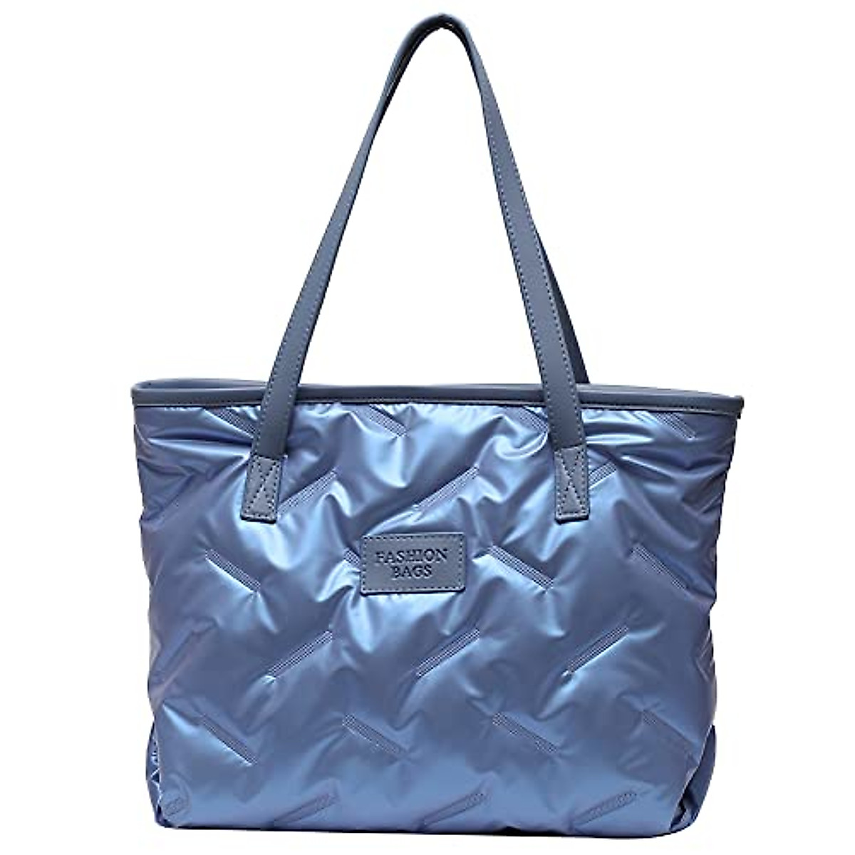 AZURAOKEY Puffer Tote Bag for Women, Quilted Cotton Padded Handbag, Women Shoulder Bags Soft Large Capacity Top-handle Bags Warm Zipper Simple Portable Lightweight for Girls Shopping-Blue