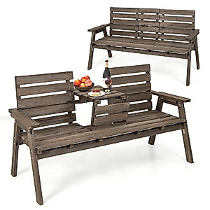 Tangkula Outdoor Fir Wood Bench with Foldable Middle Table, 2-3 Person Garden Bench with Backrest and Armrests, Slatted Seat Bench for Porch, Patio, Backyard, 710lb Weight Capacity (Coffee)
