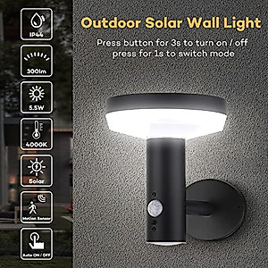 TJCoLUX Outdoor Solar Wall Light with Motion Sensor Exterior Aluminium Black Finish Wall Sconce IP44 Waterproof 4000K Outdoor Light Fixture for Fence Patio Porch Garden