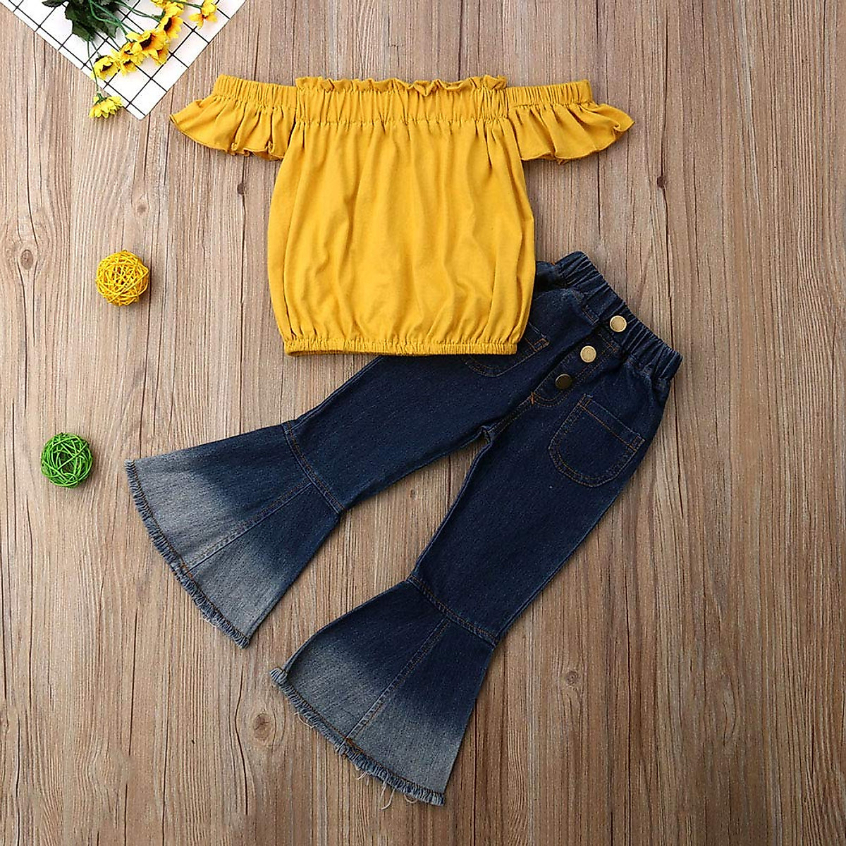 Toddler Baby Girl Clothes Off Shoulder Tube Top Shirt Bell Bottom Jeans Pants Summer Outfits (Yellow top, 4-5T)