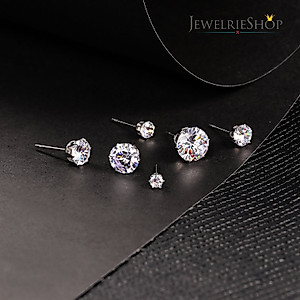 JewelrieShop Stud Earrings Surgical Steel Earrings for Sensitive Ears Hypoallergenic Cubic Zirconia Stud Earrings Pack for Women (6 Pairs, White CZ, Silver Post, 3-8mm, 6 Prong)