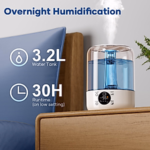 HiLIFE Humidifiers for Bedroom, 3 Times Fog Coverage, 3.2L Ultrasonic Cool Mist Humidifiers for Home Baby Nursery & Plants, Top Fill Air Humidifier Lasts Up to 35 Hours, Auto Shut-Off