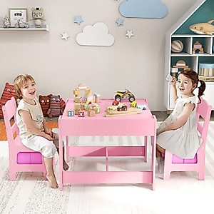LDAILY Kids Table and Chairs, 3 in 1 Wooden Kids Table with Storage Drawer, Removable Blackboard, Reversible Tabletop, Toddler Table and Chair Set for Drawing, Reading, Writing, Playroom (Pink)