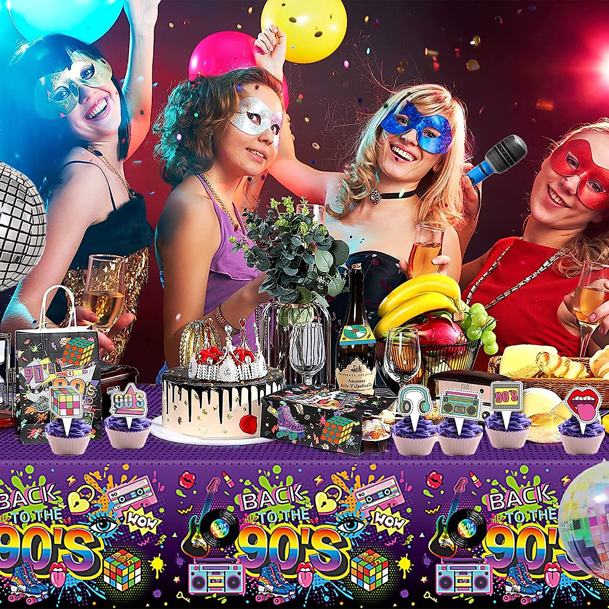 143 PCs 90s Party Decorations, Homond 90s Themed Birthday Party Decorations Backdrop Balloon Garland Arch Cutout Tablecloth Cupcake Toppers Gold Chain 4D Laser Disco Ball Explosion Star Retro