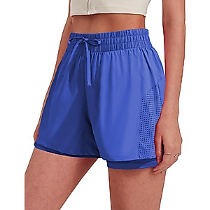 PINSPARK Womens High Waisted Running Shorts Soft Liner 4'' Dolphin Quick Dry Athletic Gym Track Workout Shorts with Pockets Royal Blue L