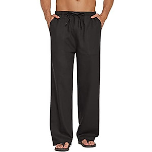 COOFANDY Men's Linen Casual Pants Summer Spring Beach Jog Elastic Waist Trousers A- Black