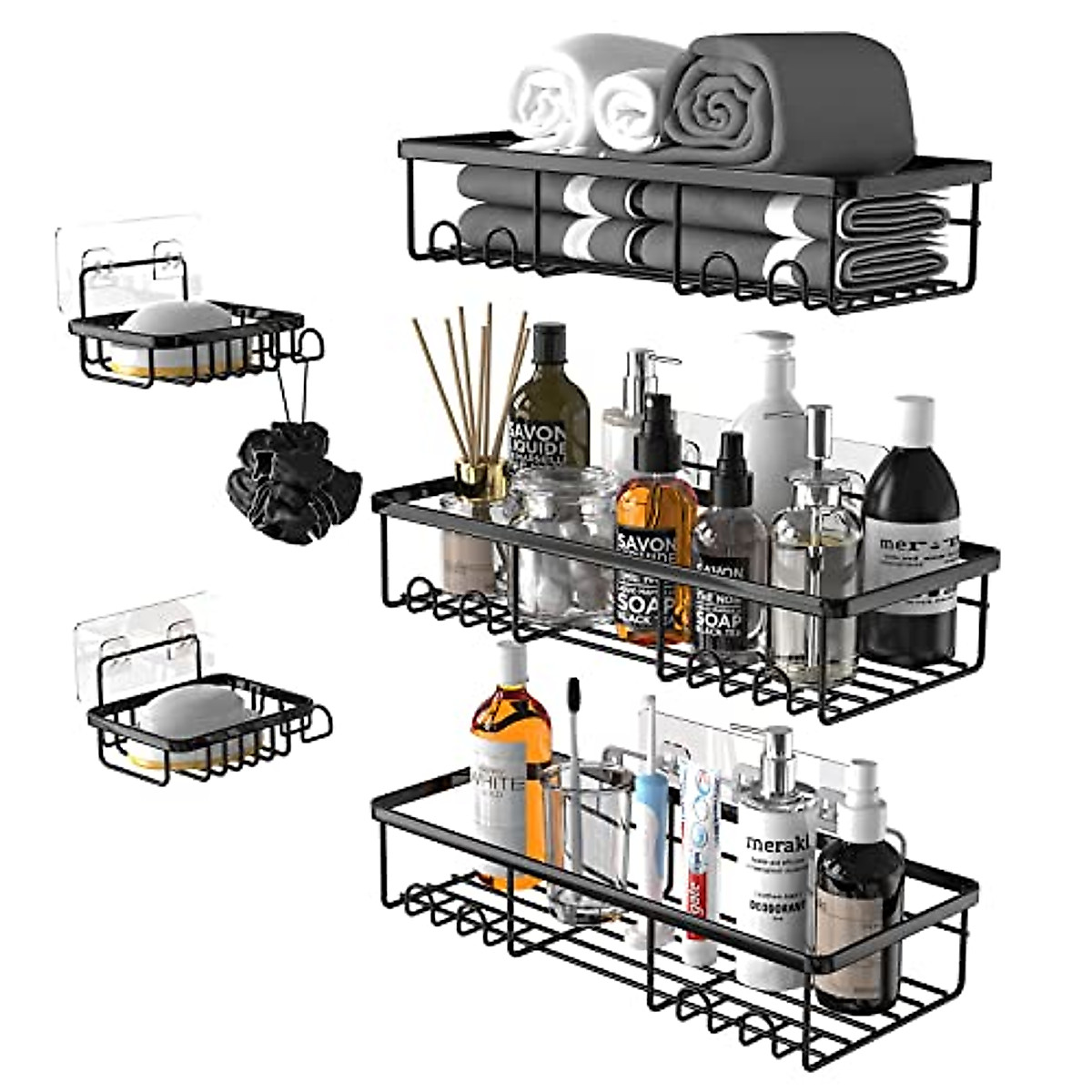 DINGXI Shower Caddy, 5 Packs Shower Shelves, Adhesive Shower Organizer No Drilling, with Shower Loofah Balls (1 Pack) with Adhesives or Screws Mounted for Bathroom Toilet & Kitchen (Black)