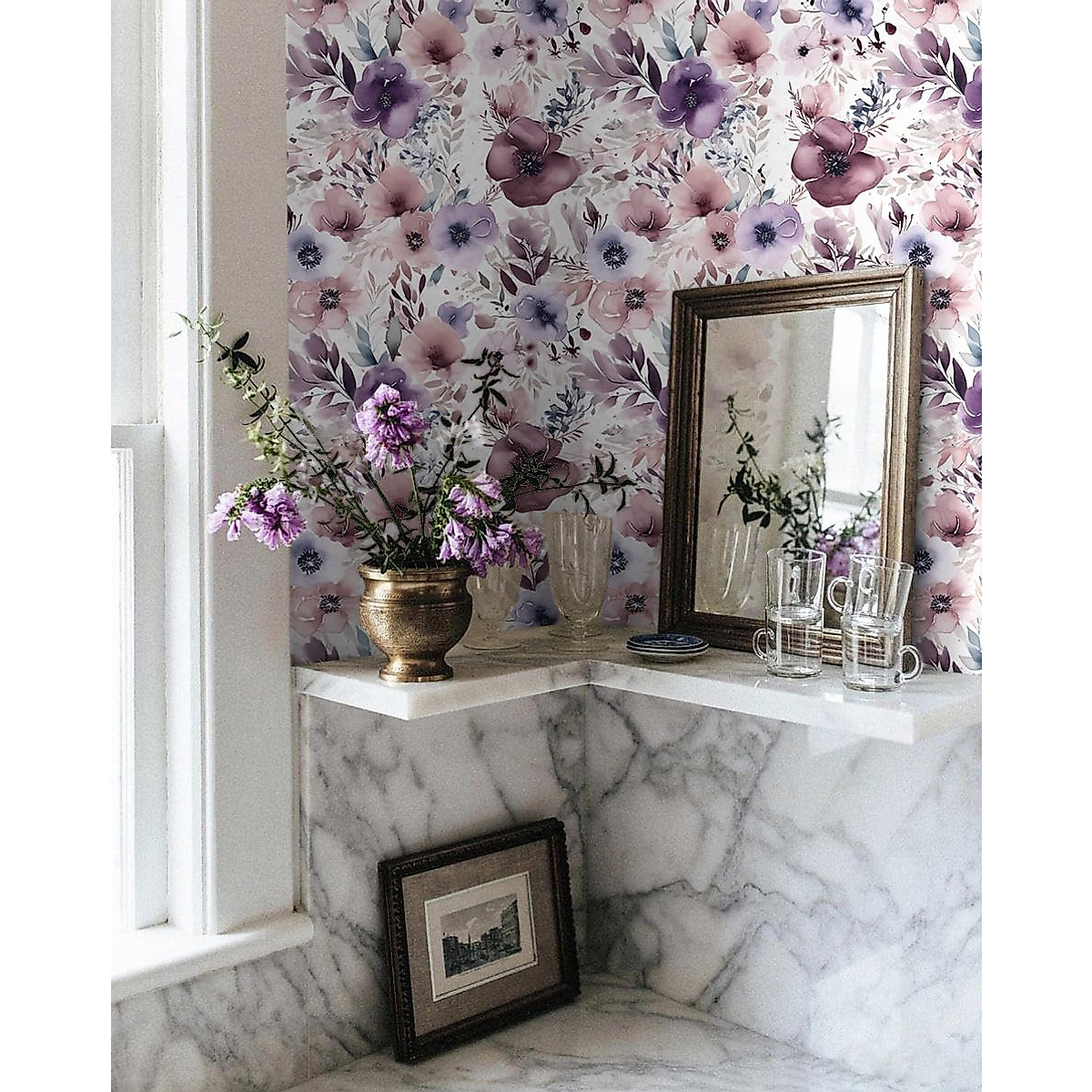 HAOKHOME 93349 Floral Peel and Stick Wallpaper Removable Wall Paper Mauve/Purple/White Vinyl Stick on Wall Contact Paper 17.7in x 9.8ft