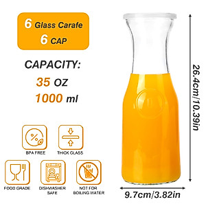 CUCUMI 6pcs 35oz Glass Carafe with Lids, Glass Juice Carafe Set for Mimosa Bar, Bubbly Bar, Brunch, Iced Tea, Parties Banquets