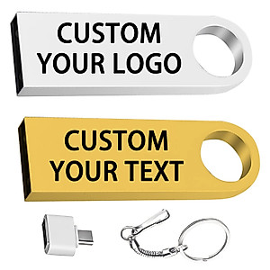 Custom Logo USB Flash Drive with Keychain and USB C Adapter Engraved Free Personalized USB 2.0 Metal Memory Stick Personal Gift for Friend,Wedding,Anniversary,Graduation,Birthday,Party-4G, Silver
