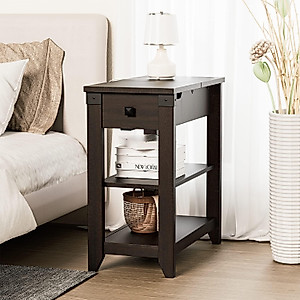 Set of 2 Narrow End Tables, Flip Top Side Tables with Charging Station, Farmhouse Nightstands with Storage for Small Spaces, Sofa Bedside Tables for Living Room and Bedroom, Espresso