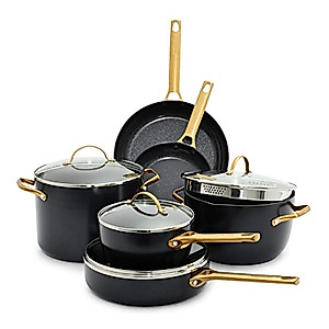 GreenPan Reserve Hard Anodized Healthy Ceramic Nonstick 10 Piece Cookware Pots and Pans Set, Gold Handle, PFAS-Free, Dishwasher Safe, Oven Safe, Black