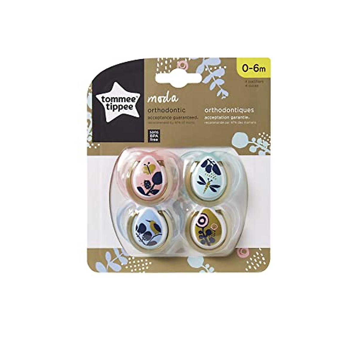 Tommee Tippee Moda Pacifiers, Symmetrical Design, BPA-Free Silicone Binkies, 0-6m, 4-Count