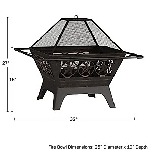 Pure Garden 50-LG1203 32” Outdoor Deep Fire Pit-Square Large Steel Bowl with Star Design, Mesh Spark Screen, Log Poker & Storage Cover-Patio Wood Burning, Black