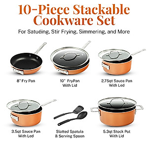 Gotham Steel 10 Pc Copper Pots and Pans Set Non Stick, Kitchen Cookware Sets, Space Saving Non Stick Pots and Pan Set, Nonstick Cookware Set, Non Toxic Cookware Set, Pot Set, Dishwasher Safe