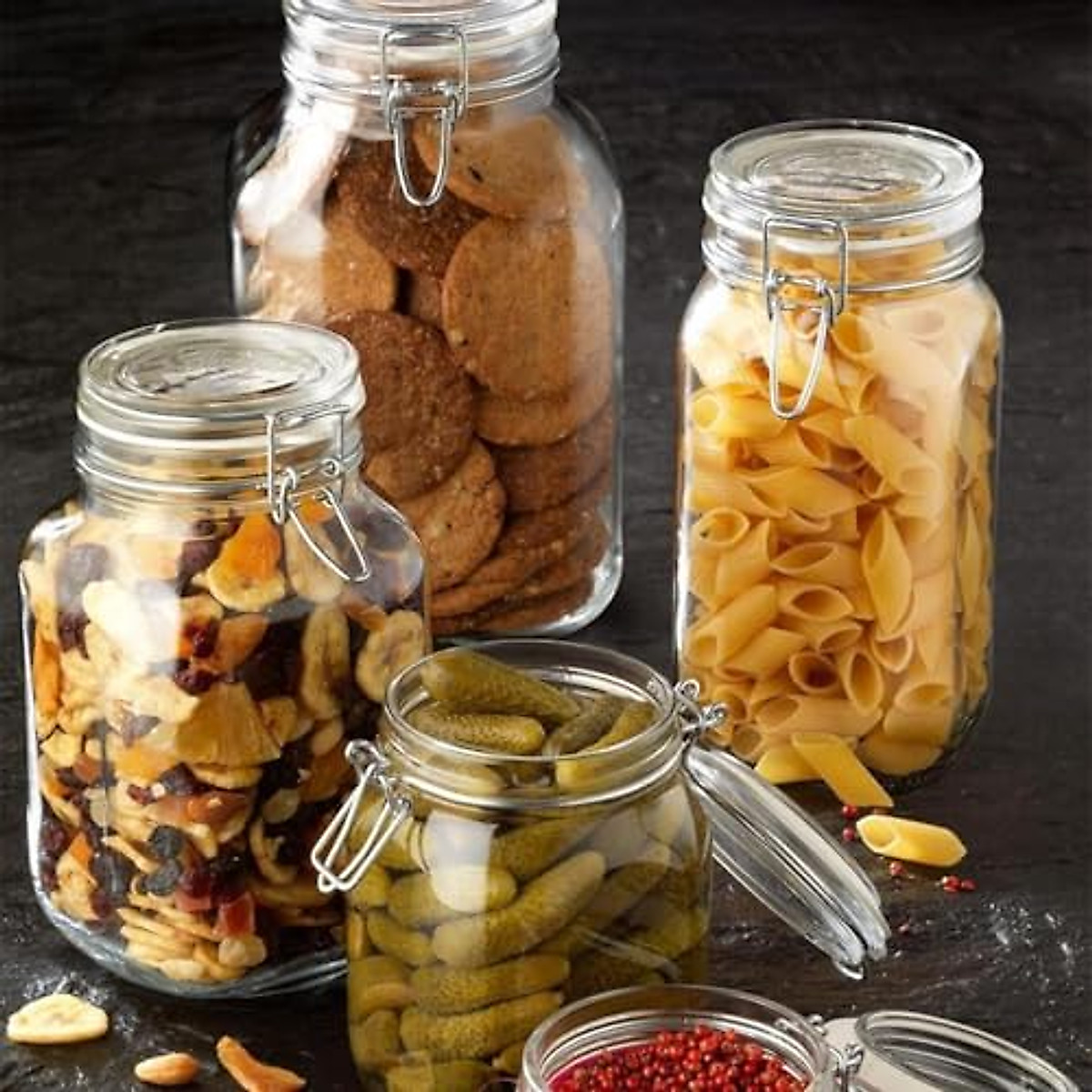 Bormioli Rocco Fido Wide Mouth Squared Glass Jar with Airtight Gasket Clamp Lid for Canning and Food Storage, 67.75 oz, Clear Top