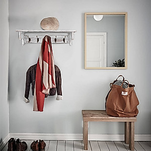35" Long Coat Rack Wall Mount with Shelf, Rustic Wooden Entryway Shelf with 8 Hanger Hooks, Farmhouse Mounted Pinewood Floating Wall Hook Rack Shelf for Kitchen Bathroom Mudroom Laundry, White