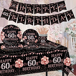142Pcs Rose Gold 60th Birthday Decorations-Happy 60th Birthday Disposable Tableware for Women Rose Gold Birthday Plates and Napkins Set Serves 20 Guests