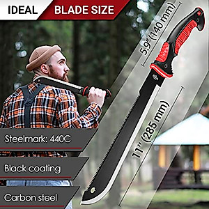 11 Inch Serrated Blade Machete with Nylon Sheath - Saw Blade Machetes with Non-Slip Rubber Handle - Best Brush Clearing Tool Grand Way 111084