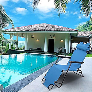 Outdoor Chaise Lounge Chair, Portable Dual Purposes Extendable Folding Reclining Chair for Outside Patio Beach Sunbathing Tanning Pool, Camping Reclining Chair with Shoulder Strap and Pillow, Blue