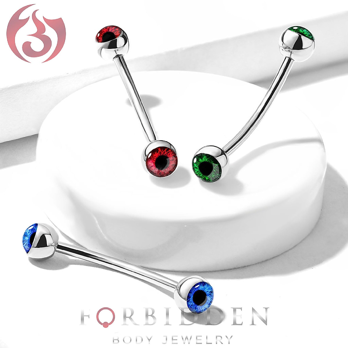 Forbidden Body Jewelry 14mm Surgical Steel Curved Barbell w/Eyeball Inlaid Ball Ends for Snake Eyes Tongue Piercing, Blue