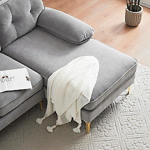 ACQCA 110" L-Shaped Convertible Sectional Sofa with Removable Ottoman and 4 Back Cushions,Velvet Upholstered Couch with Storage Pockets and Nailhead Decorated Armrest, Sturdy Metal Legs, Light Grey1