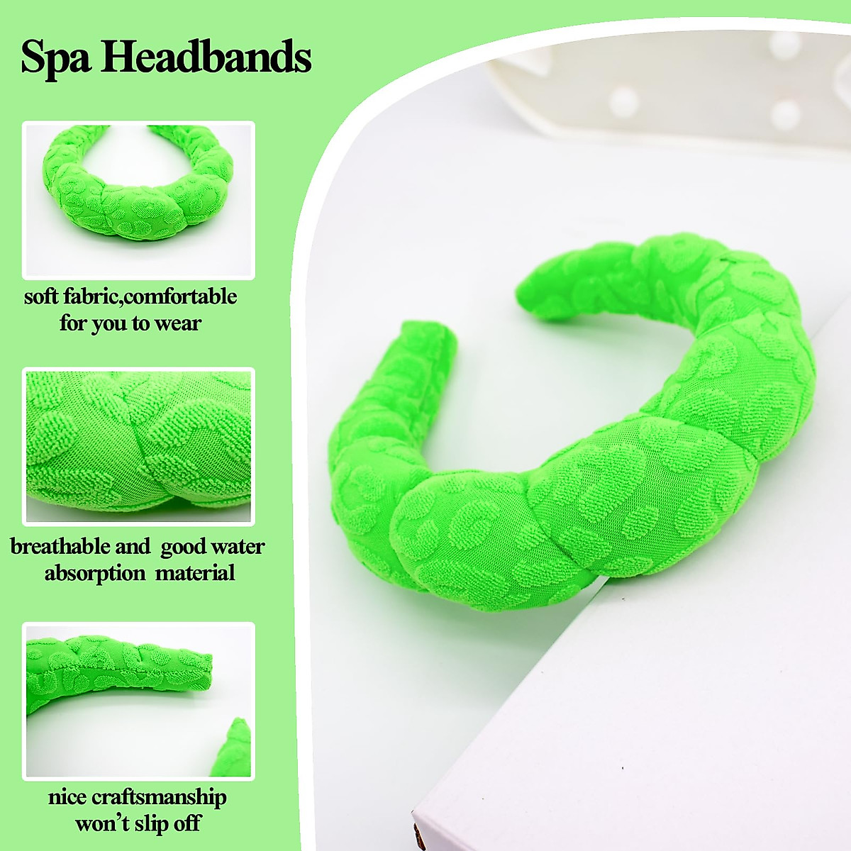 BEGOOD Spa Headband for Washing Face Skincare Headbands Sponge Makeup Headband Terry Towel Cloth Hairband Bubble Head Band puffy Headwear Hair Accessory (Green)