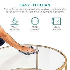 Best Choice Products 36in Modern Round Tempered Glass Accent Side Coffee Table for Living Room, Dining Room, Tea, Home Décor w/Satin Trim, Metal Frame, Non-Marring Foot Caps - Bronze Gold