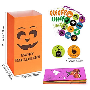 Halloween Treats Bags Party Favors 80 Pcs Kids Halloween Candy Bags for Trick or Treating + 84 Pcs Halloween Stickers, Mini Paper Gift Bags for Treats Snacks, Halloween Goodie Bags Party Supplies