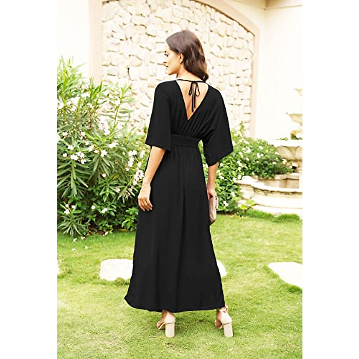 Meenew Women's Deep V Neck Summer Maxi Dress Flowy Long Beach Dress Black S