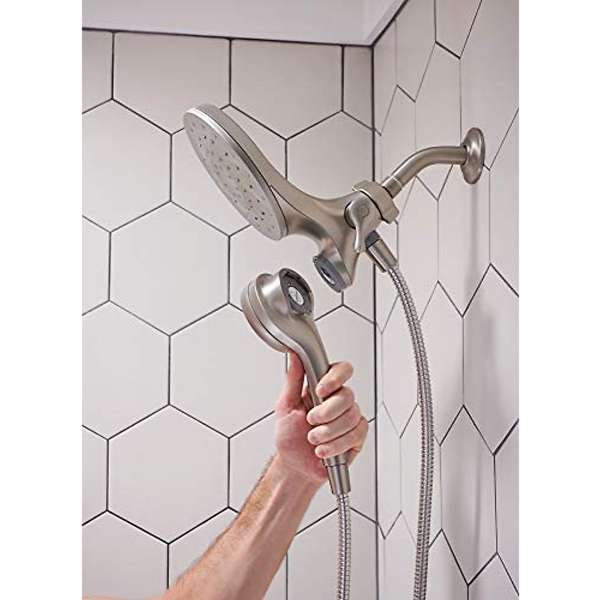 Moen Engage Magnetix Spot Resist Brushed Nickel Multi-Function Handshower and Rainfall Shower Head Trim Combo with Shower Handle, Tub Spout, Metal Hose and Valve, 82304SRN