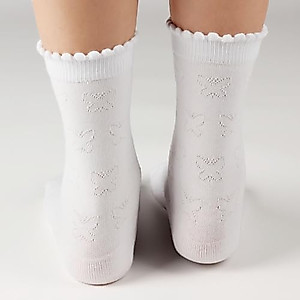 COTTON DAY Girls White Dressy Textured Short Socks Scallop Top Butterfly Design 6-8 Years Size M (8)