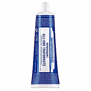 Dr. Bronner’s - All-One Toothpaste (Peppermint, 5 Ounce) - 70% Organic Ingredients, Natural and Effective, Fluoride-Free, SLS-Free, Helps Freshen Breath, Reduce Plaque, Whiten Teeth, Vegan