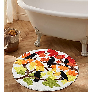 RoomTalks Fall Maple Leaves Bath Mat Non Slip Washable 2ft Fall Colored Halloween Autumn Crow Round Circle Bathroom Mat Bath Rug, Shaggy Plush Absorbent Harvest Season Thanksgiving Bathroom Rug