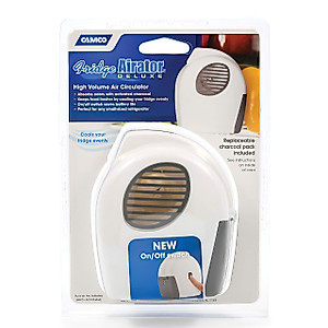 Camco Camper/RV Fridge Deodorizer & Airator | Deodorizer/Fan Helps Circulate Air in Refrigerator | Features Charcoal Odor Absorber & On/Off Switch | Great for Mini Fridge, Small Fridge & More (44124)