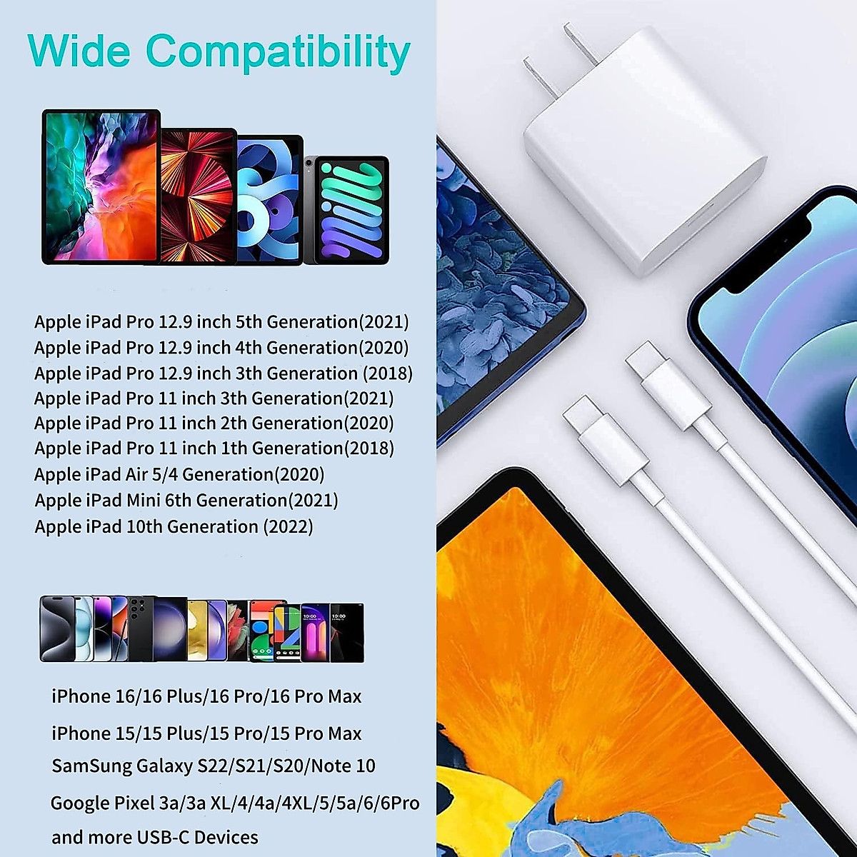 iPad Fast Charger, 20W iPad Pro Charger with 10FT iPhone 16 15 Charging Cable for iPhone 16/16 Pro/15/15 Pro Max/15 Plus, iPad 10th, iPad Air 5/4th, iPad Mini 6th, iPad Pro 12.9/11 inch 2022/2021/2020