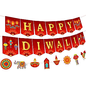 Happy Diwali Bunting Banner, Diwali Garland Decorations for Indian Festival of Lights Deepavali Themed Party Supplies